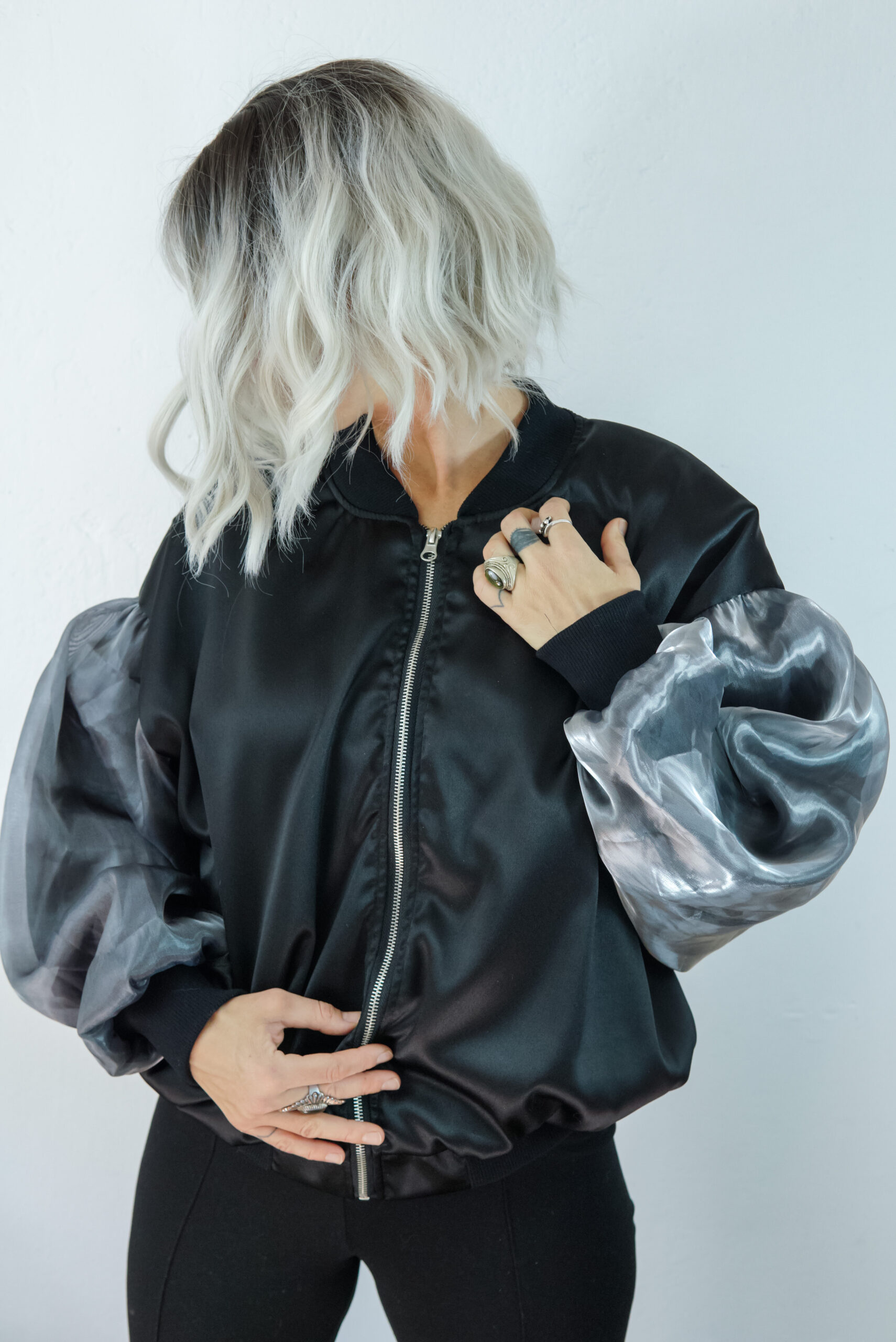 bomber jacket// silver puff
